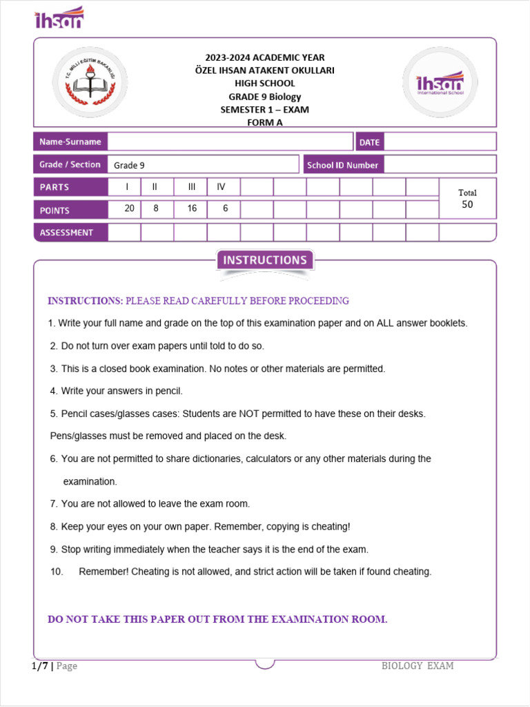 Grade 9 Biology Exam | PDF | Cell (Biology) | Lysosome