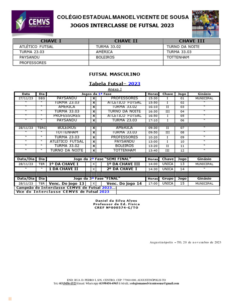 Tabela Jogos Interclasse de Futsal 2023 | PDF