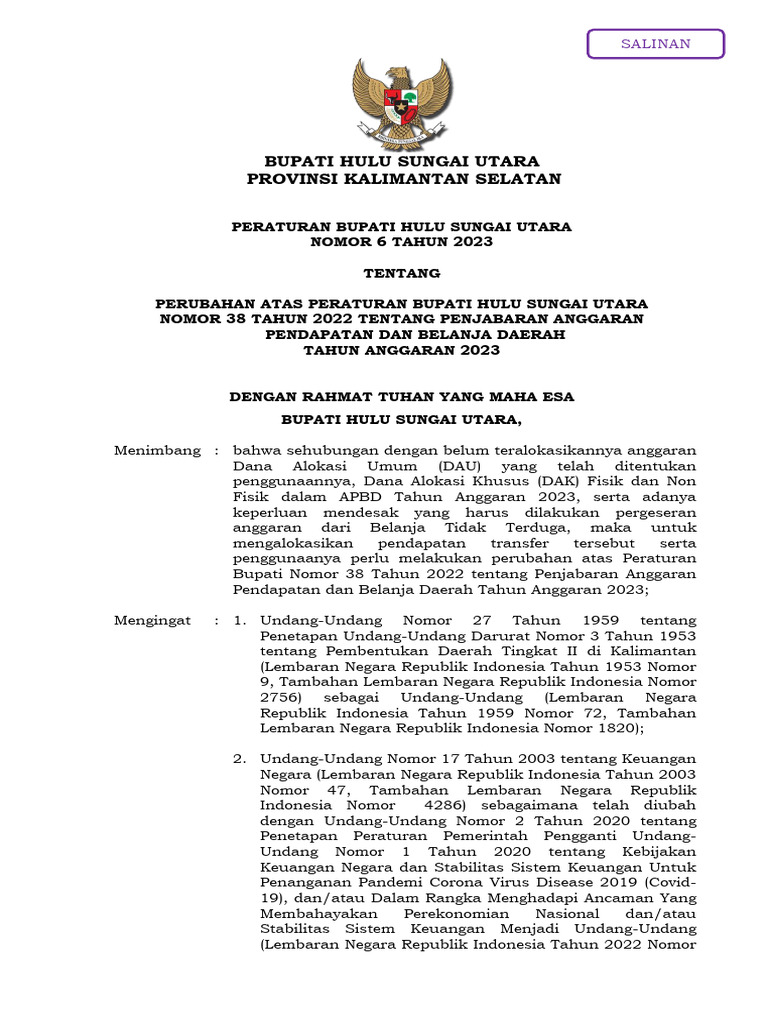 Perbup Tahun 2023 TTG Perubahan Penjabaran APBD 2023 | PDF | Pengelolaan Keuangan & Uang