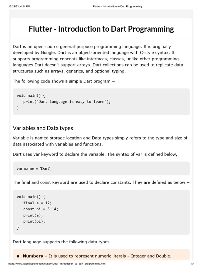 Flutter - Introduction To Dart Programming | PDF | Data Type | Boolean Data Type