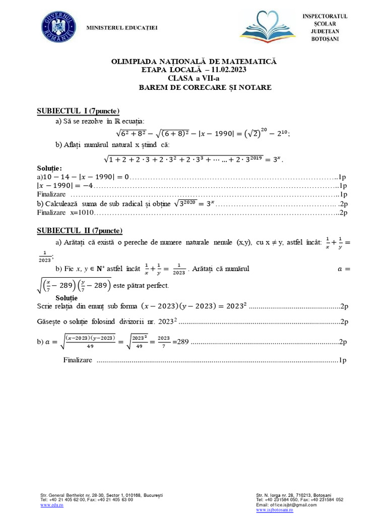 Mate - Info.ro.5473 Olimpiada Locala de Matematica, 2023, CL, A VII-A | PDF