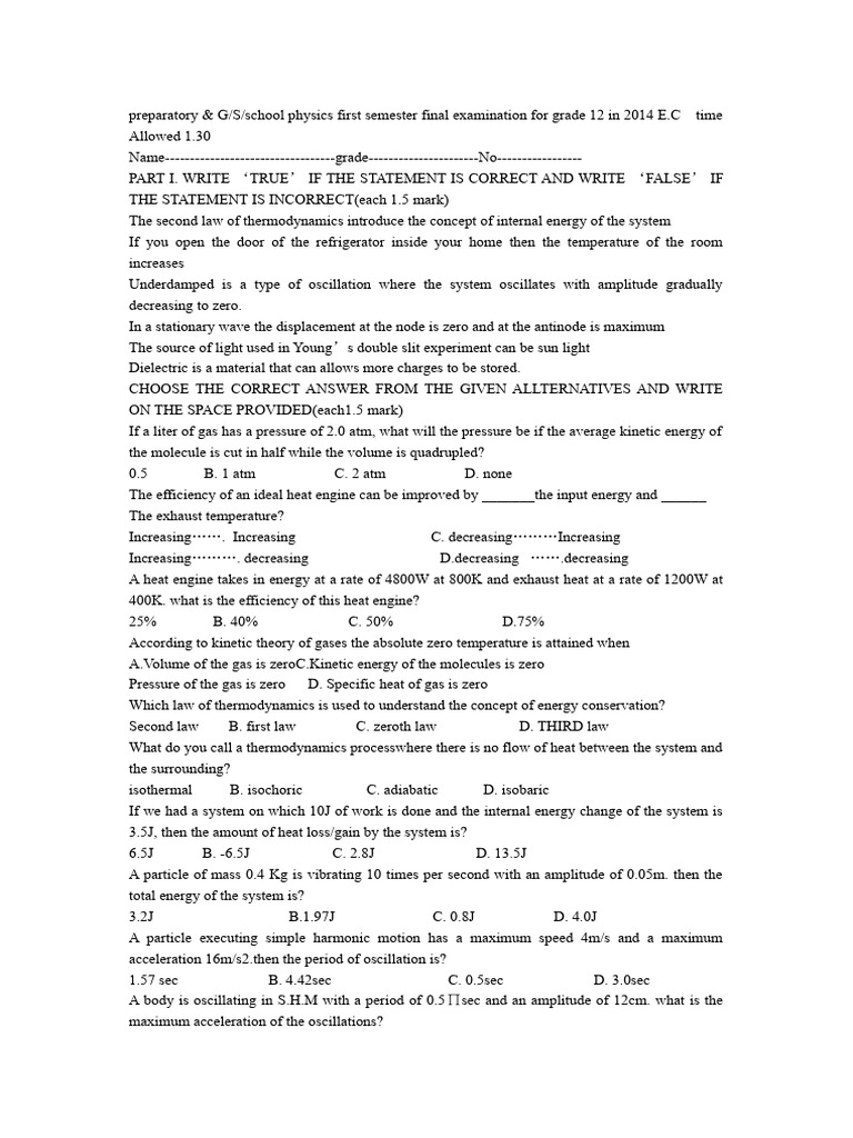Physics Grade 12 1st Final Exam | PDF