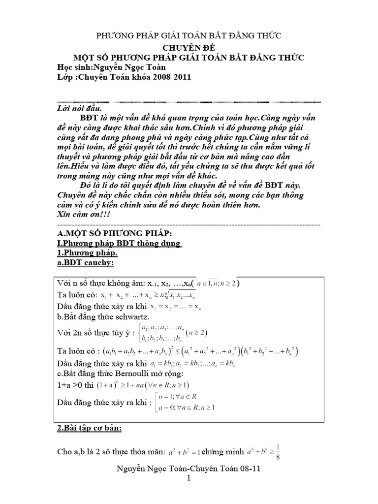 Nguyen Ngoc Toan-Mot So Phuong Phap Giai Toan Bat Dang Thuc | PDF