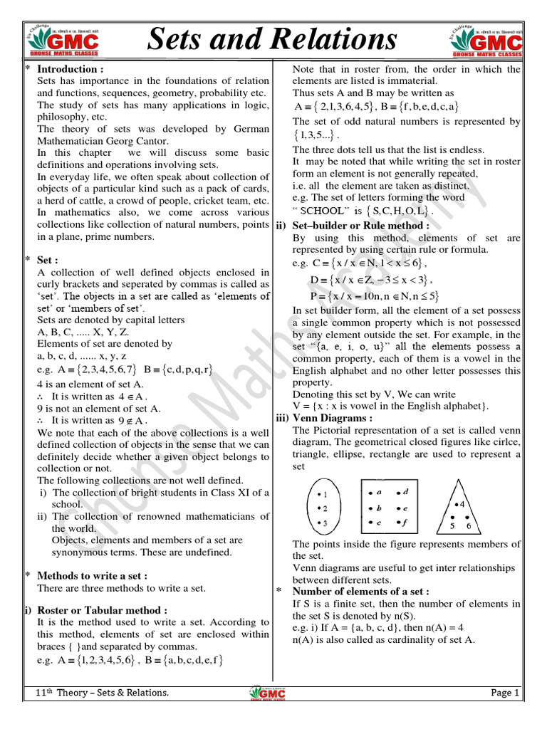 11th Theory - Sets and Relations | PDF | Set (Mathematics) | Mathematics