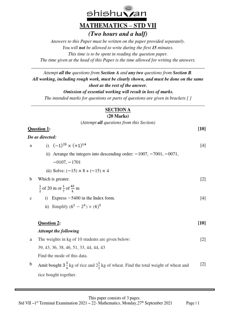 Shishuvan - STD 7 (2021-22) - Sem 1 (Q) | PDF | Mathematics
