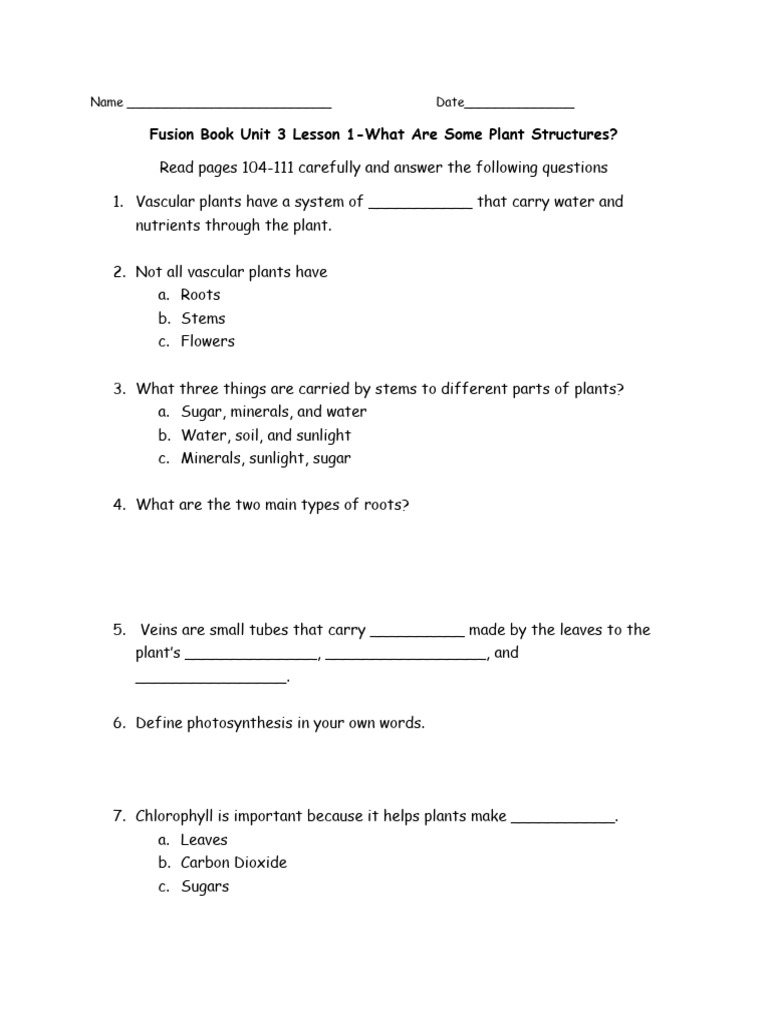 Fusion Book Unit 3 Lesson 1-What Are Some Plant Structures? | PDF