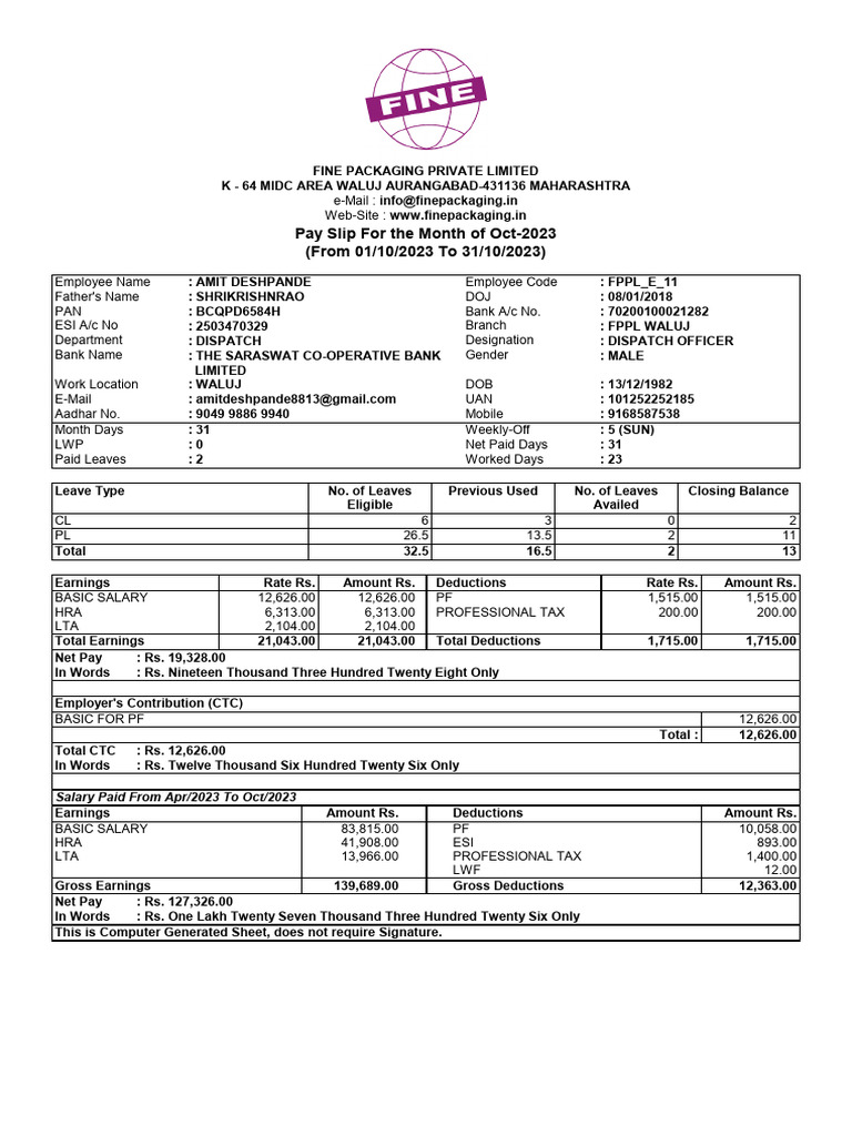Payslip-Fppl e 11 (Amit Deshpande) Oct 2023 | PDF | Tax Deduction | Salary
