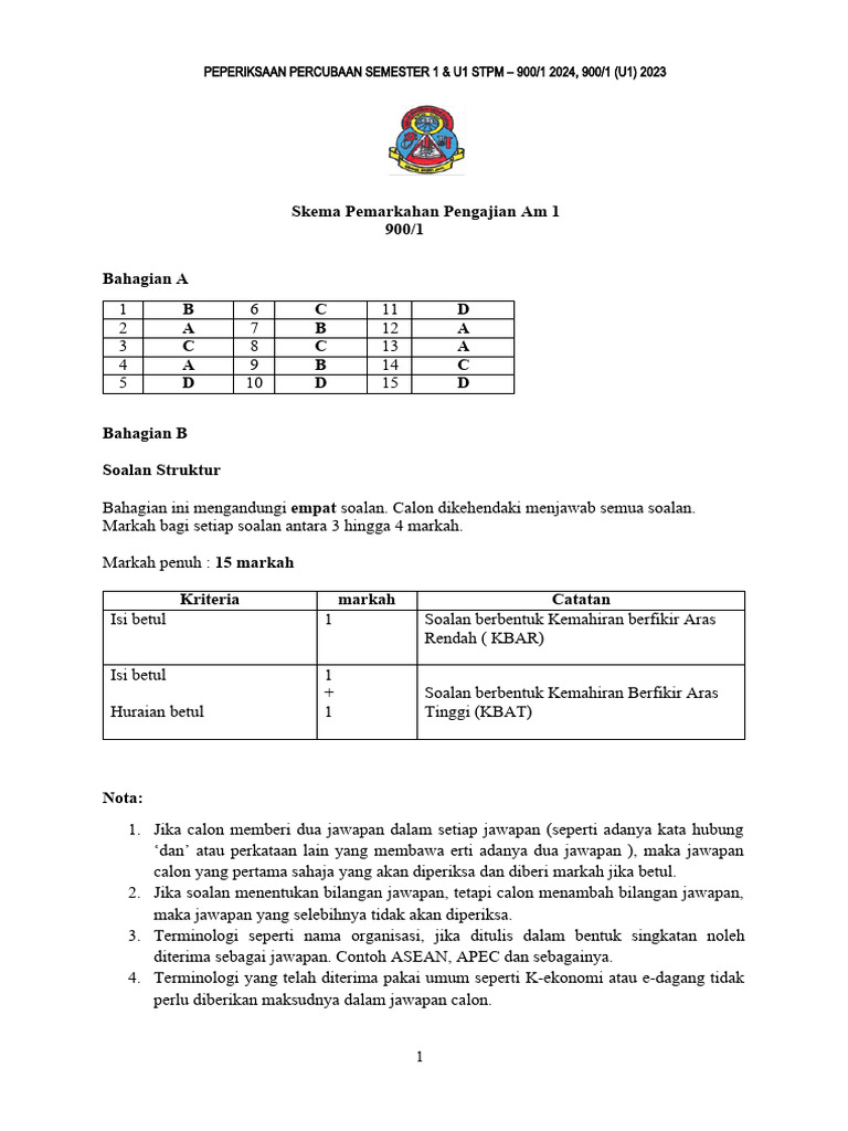 SET C Skema MELAKA SMK Aaudin CADANGAN SKEMA TRIAL SEM 1 2024 U1 | PDF