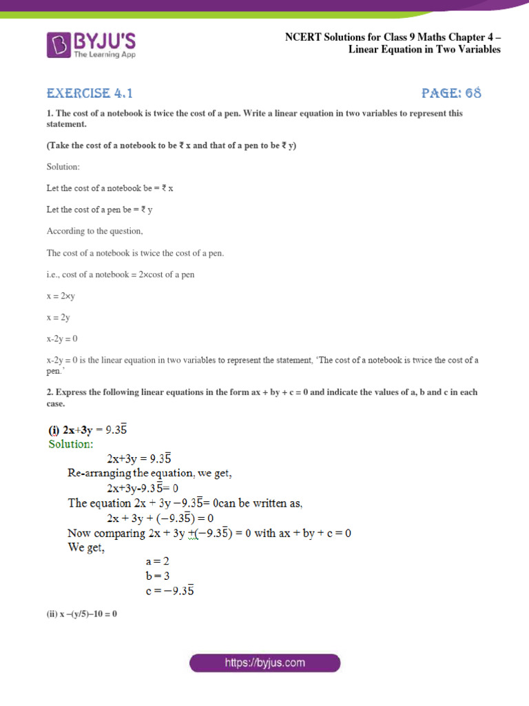 NCERT Solutions For Class 9 Maths Chapter 4 Linear Equation in Two Variables | PDF