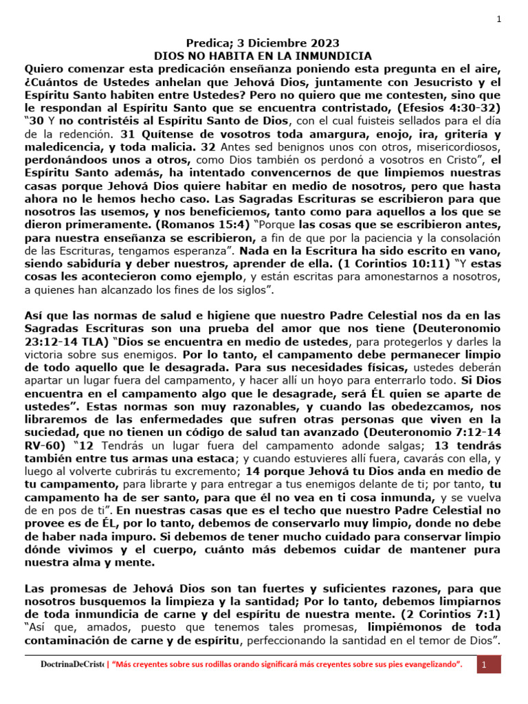 PREDICA (3 Diciembre 2023) DIOS NO HABITA EN LA INMUNDICIA | PDF ...