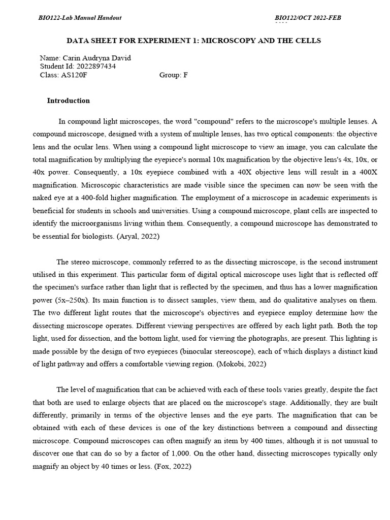 Microscopy Lab Manual for BIO122 | PDF | Optics | Electromagnetic Radiation