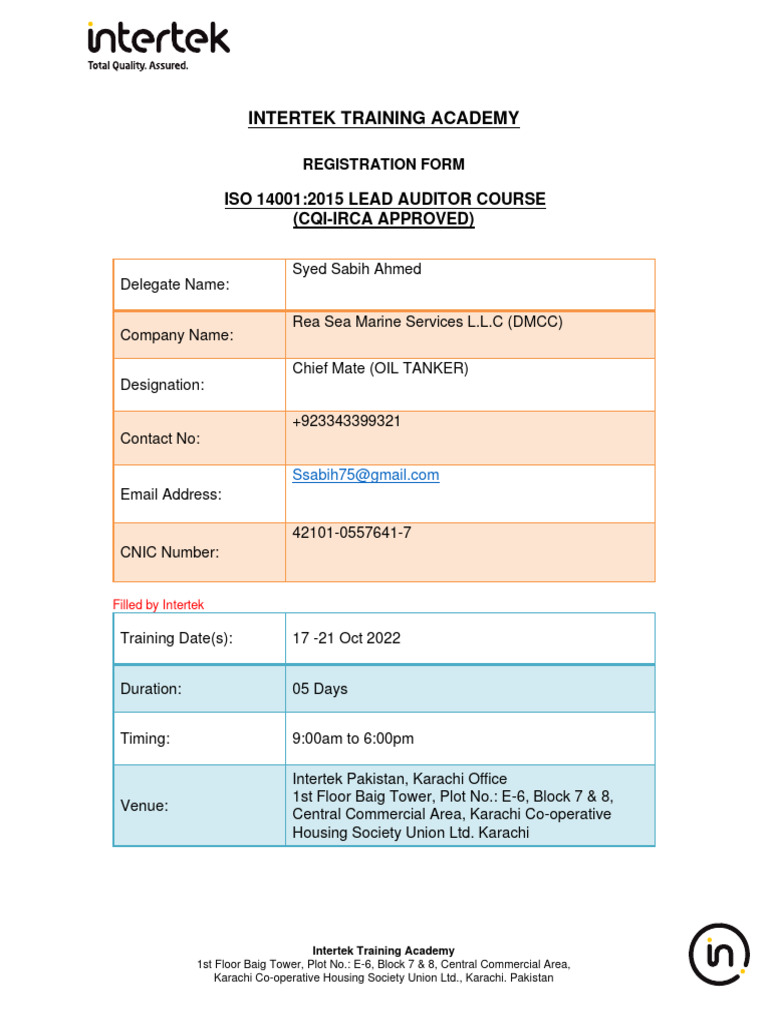ITA Registration Form - ISO 14001 Filled | PDF