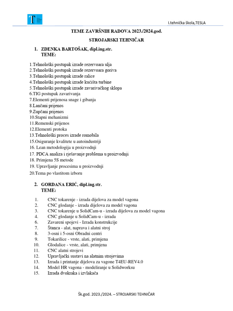TEME ZAVRŠNIH RADOVA 2023 - 2024strojarstvo | PDF
