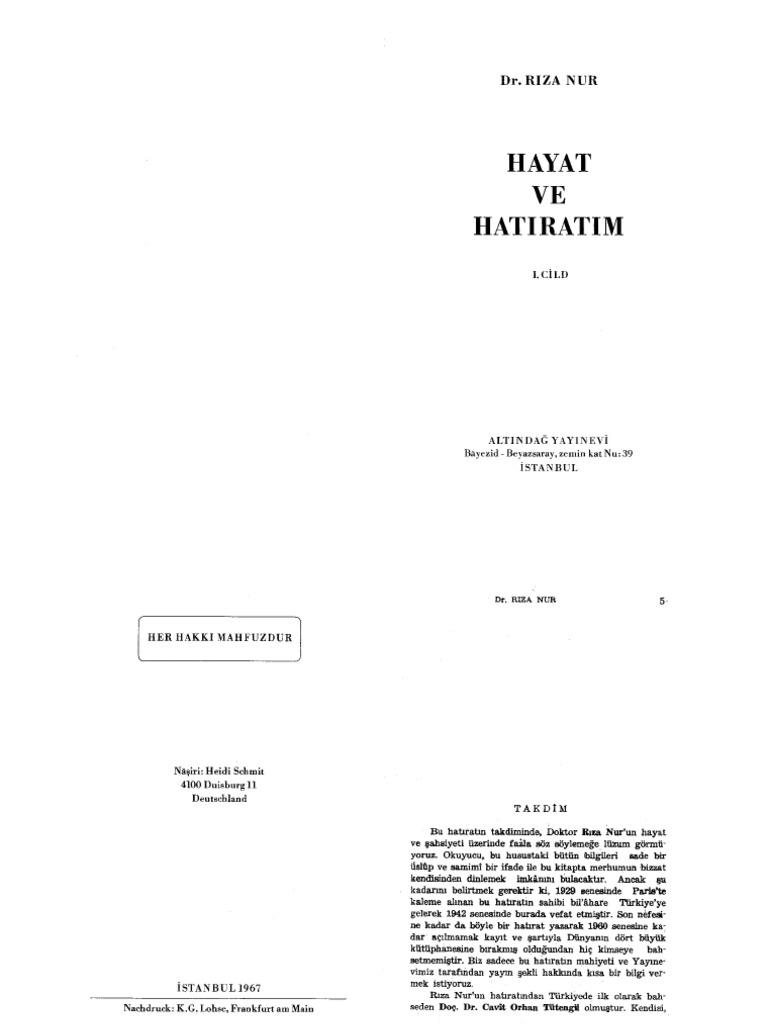 Hayat Ve Hatiratim Riza Nur Cilt1 | PDF