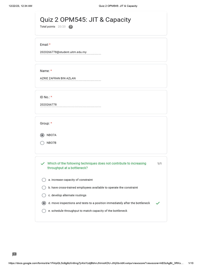 Quiz 2 OPM545 - JIT & Capacity | PDF | Lean Manufacturing | Inventory