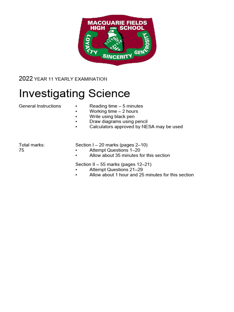 MFHS 2022 Year 11 Investigating Science Exam | PDF | Outlier | Force