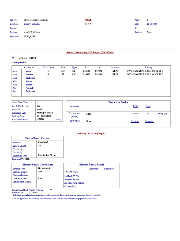 STD-1H - W1000.CBL - Sizing - GND PE | PDF | Electrical Components ...