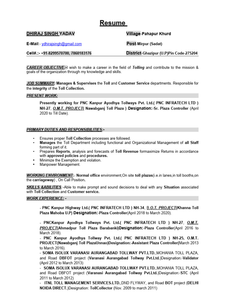 Toll Plaza Manager Resume of Dhiraj Yadav | PDF | Toll Road