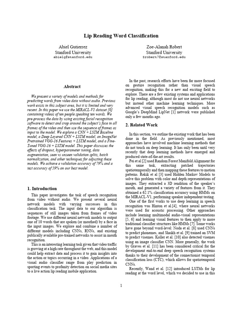Lip Reading Word Classification: Abiel Gutierrez Stanford University Zoe-Alanah Robert Stanford ...