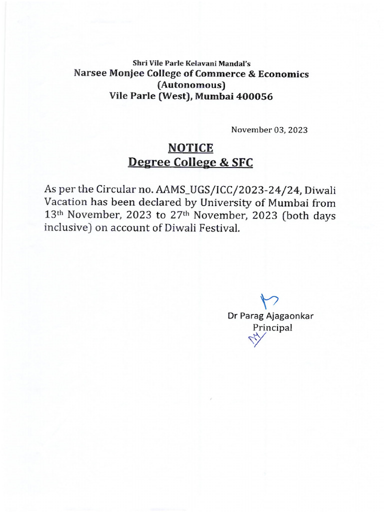 Diwali Vacation Notice For Students 2023-24 | PDF