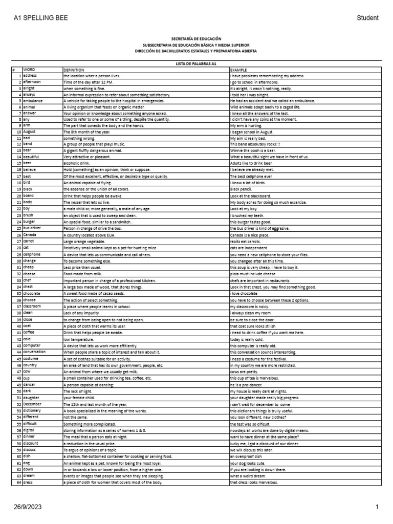 A1 SPELLING BEE - Student | PDF | Chocolate | Sled