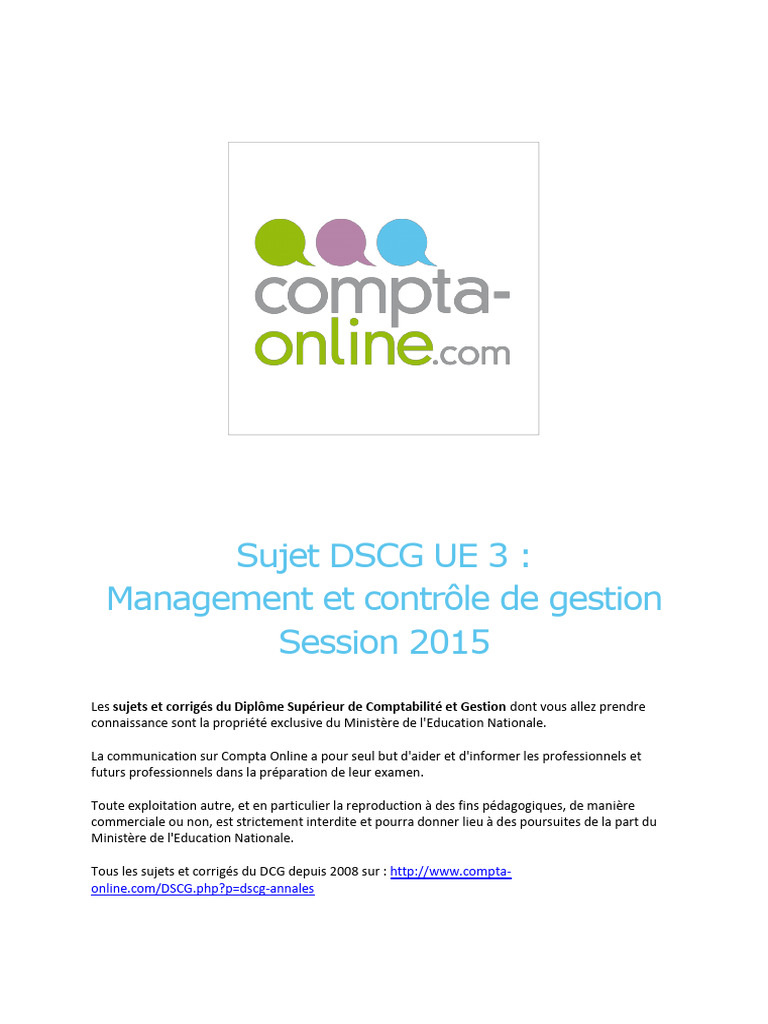Annale DSCG Ue3 2015 Sujet | PDF