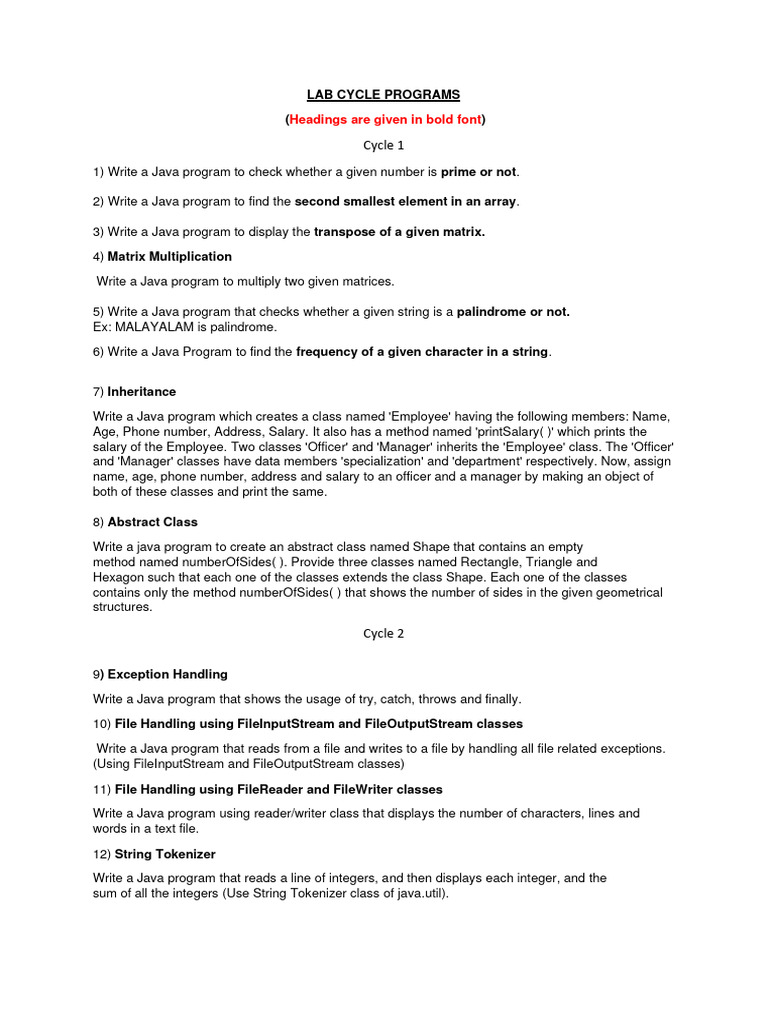 JAVA LAB CYCLE PROGRAMS 2022 | PDF | Computer File | Java (Programming ...