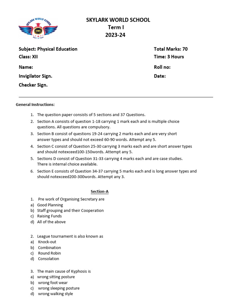 Physical Education Exam Paper 2023-24 | PDF | Asana | Vitamin