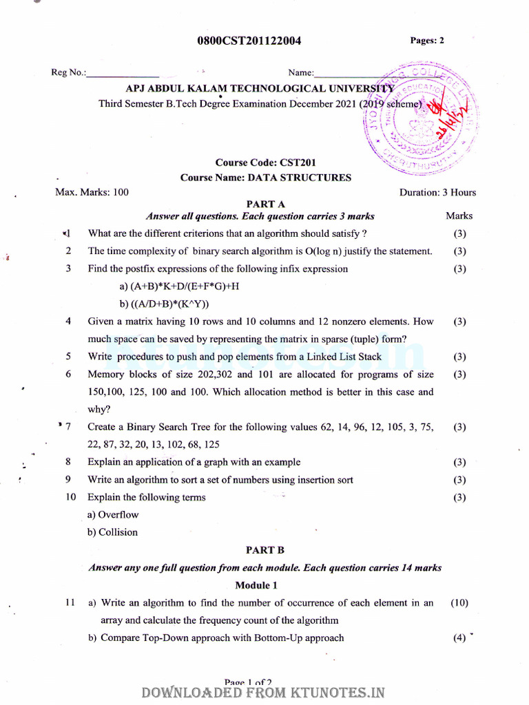 Cst201 Data Structures, December 2021 | PDF | Matrix (Mathematics) | Algorithms