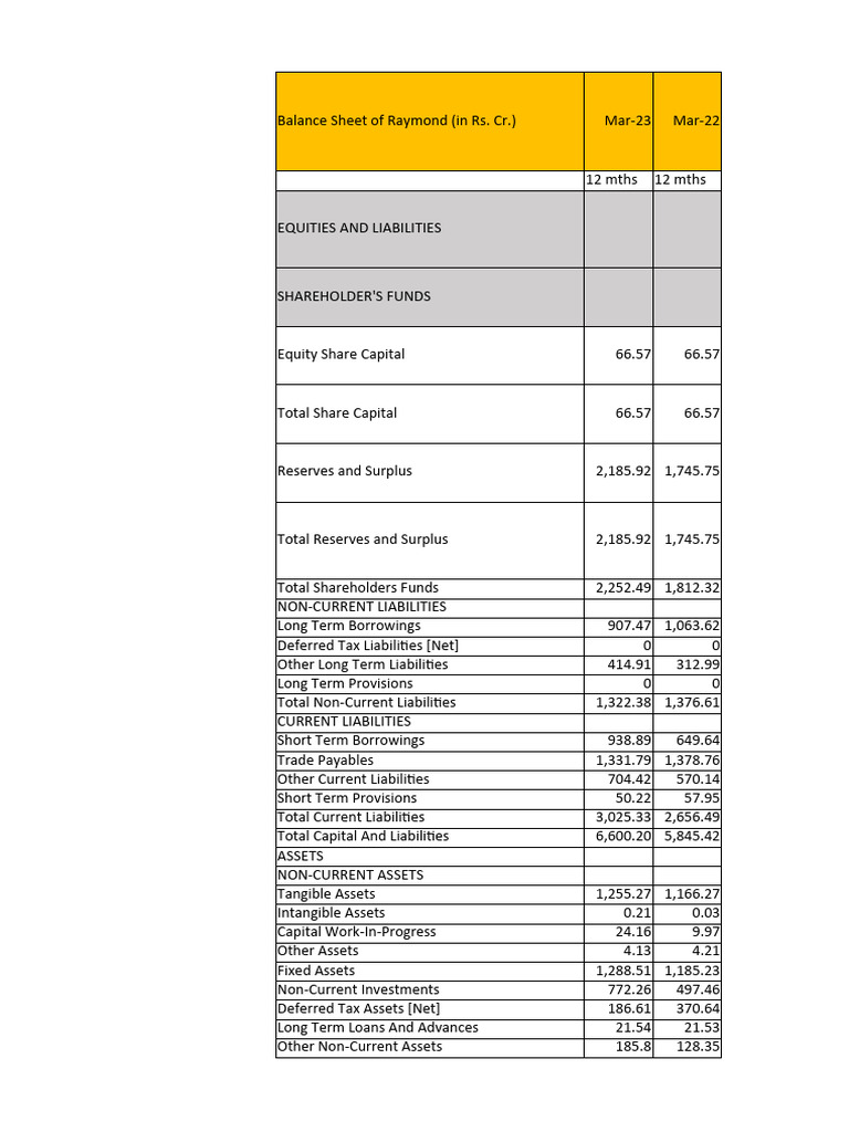 Raymond Balance Sheet Analysis 2023 | PDF