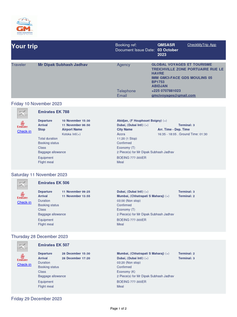 Itinerary - 2023-10-03T112002.298 | PDF | Emirates (Airline) | Airlines