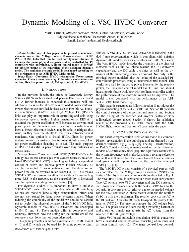 Dynamic Modeling of A VSC-HVDC Converter: Markus Imhof, Student Member, IEEE, G Oran Andersson ...