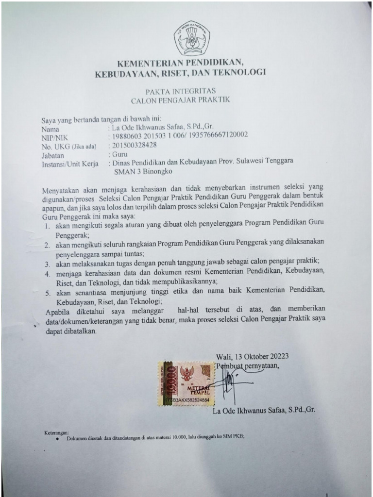 Pakta Integritas CPP Wawan | PDF