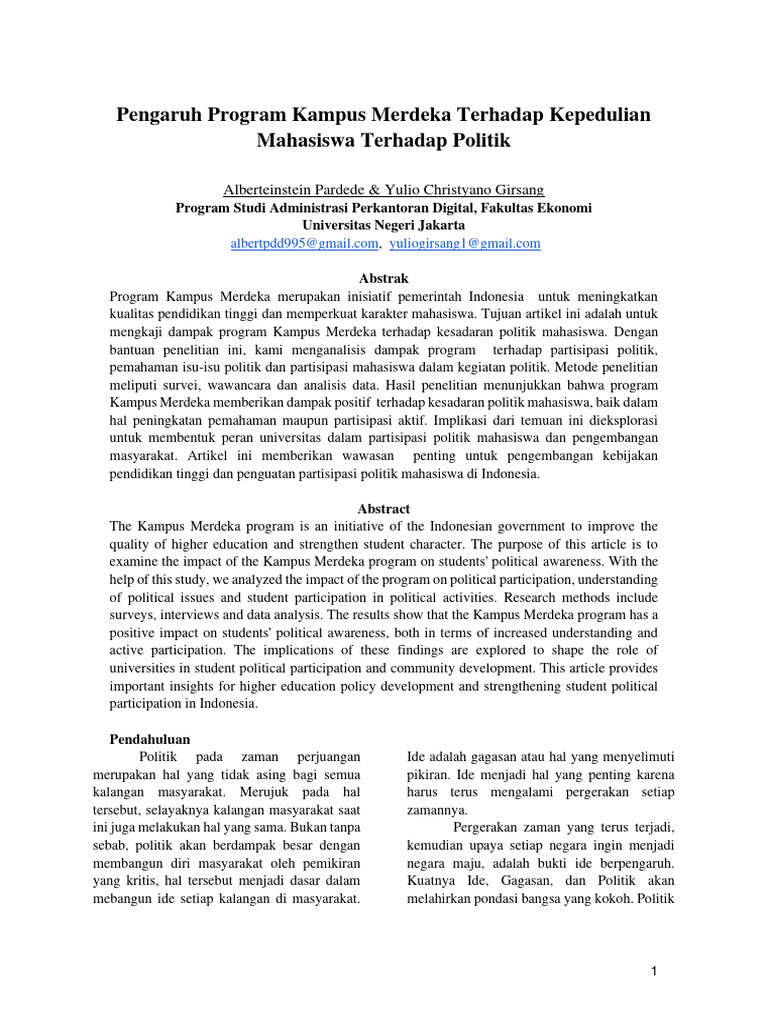 Artikel Albert & Yulio Matkul LPI. Program Kampus Merdeka Terhadap Kepekaan Politik | PDF ...