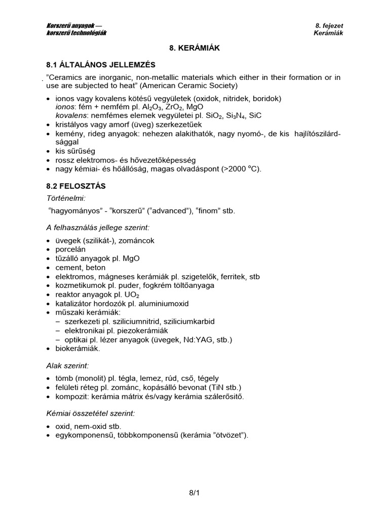Korszerő Anyagok Korszerő Technológiák: - 8. Fejezet Kerámiák | PDF