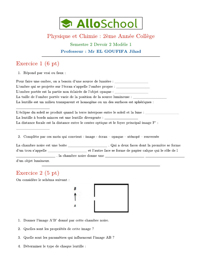 PC 2ac Semestre 2 Devoir 2 Modele 1 2 | PDF