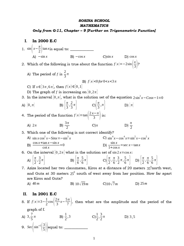 G11 Trigonometry Worksheet | PDF | Triangle Geometry | Angle