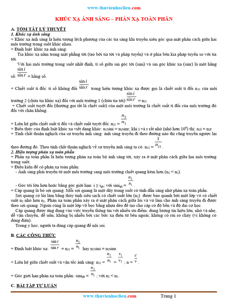 Bai Tap Khuc Xa Anh Sang Phan Xa Toan Phan | PDF