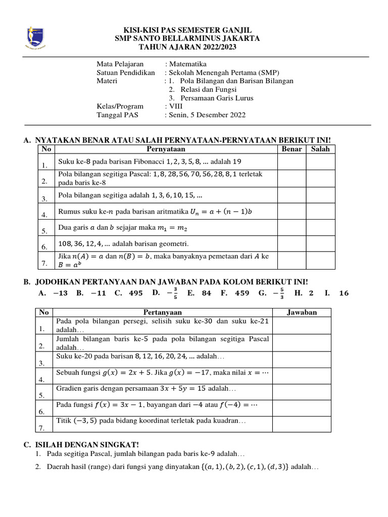 Kisi Kisi Pas Matematika Kelas 8 | PDF | Metode & Bahan Ajar