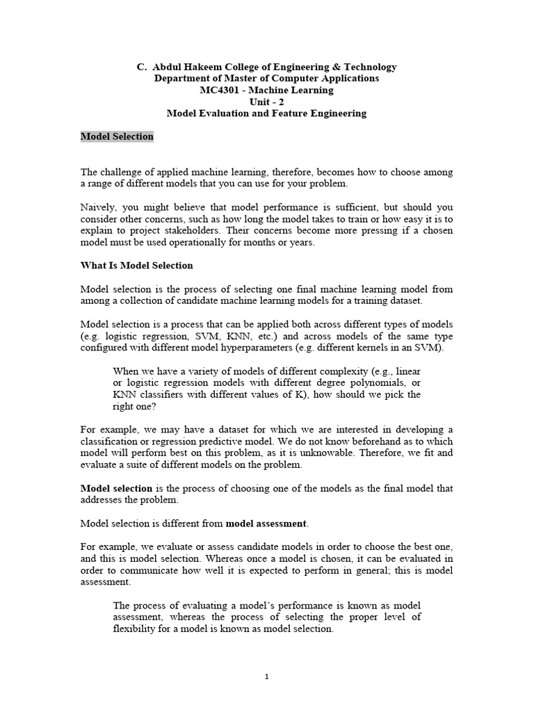 MC4301 - ML Unit 2 (Model Evaluation and Feature Engineering) | PDF | Receiver Operating ...