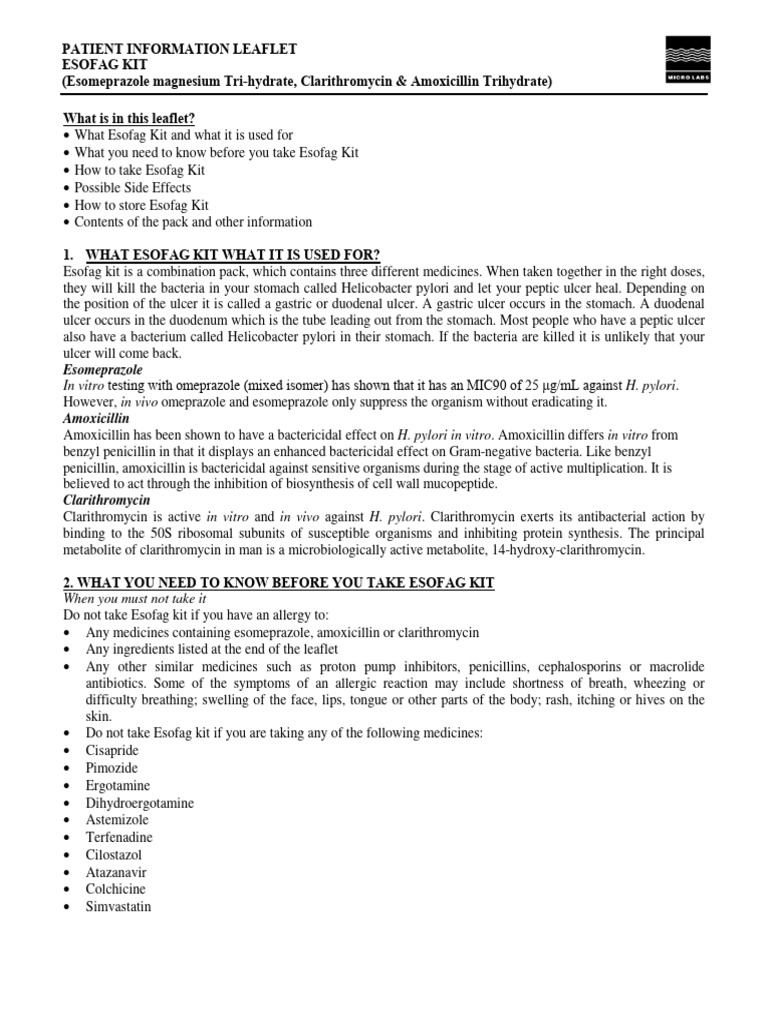 Esofag Kit Esomeprazole Magnesium Trihydrate Clarithromycin Amoxycillin ...