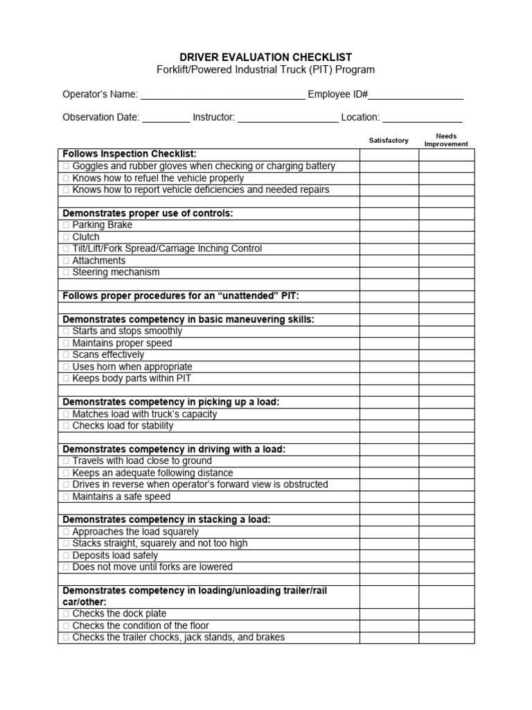 Forklift Operator Evaluation Checklist | PDF