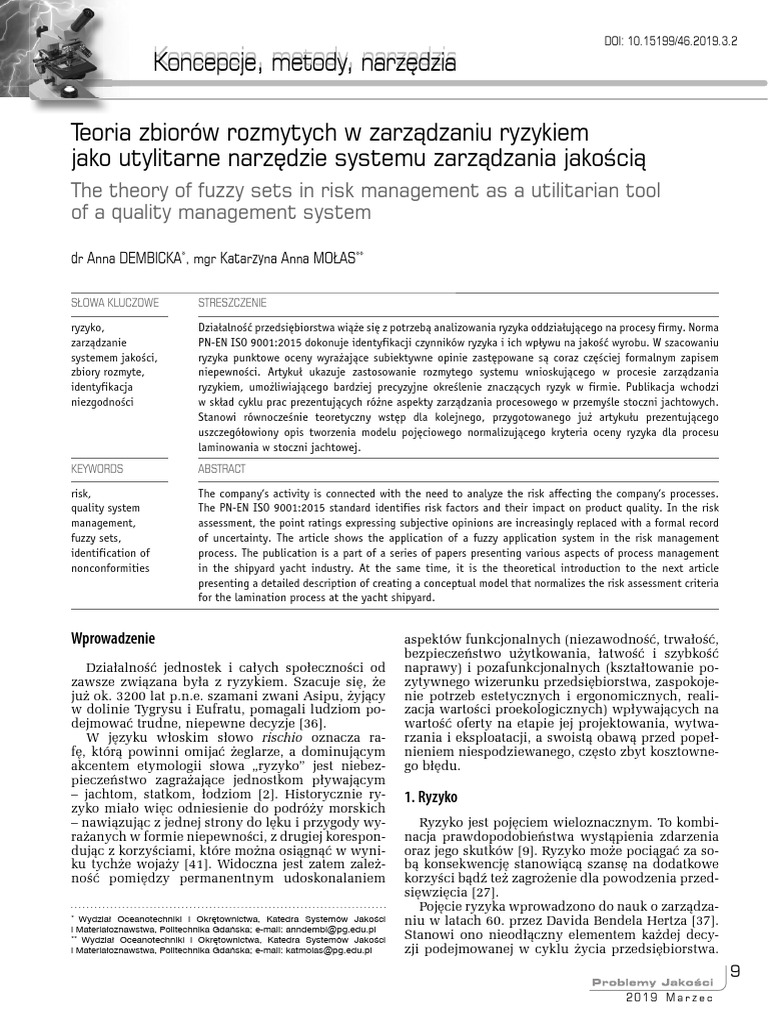 Teoria Zbiorow Rozmytych W Zarzadzaniu Ryzykiem Jako Utylitarne Narzedzie Systemu Zarzadzania ...