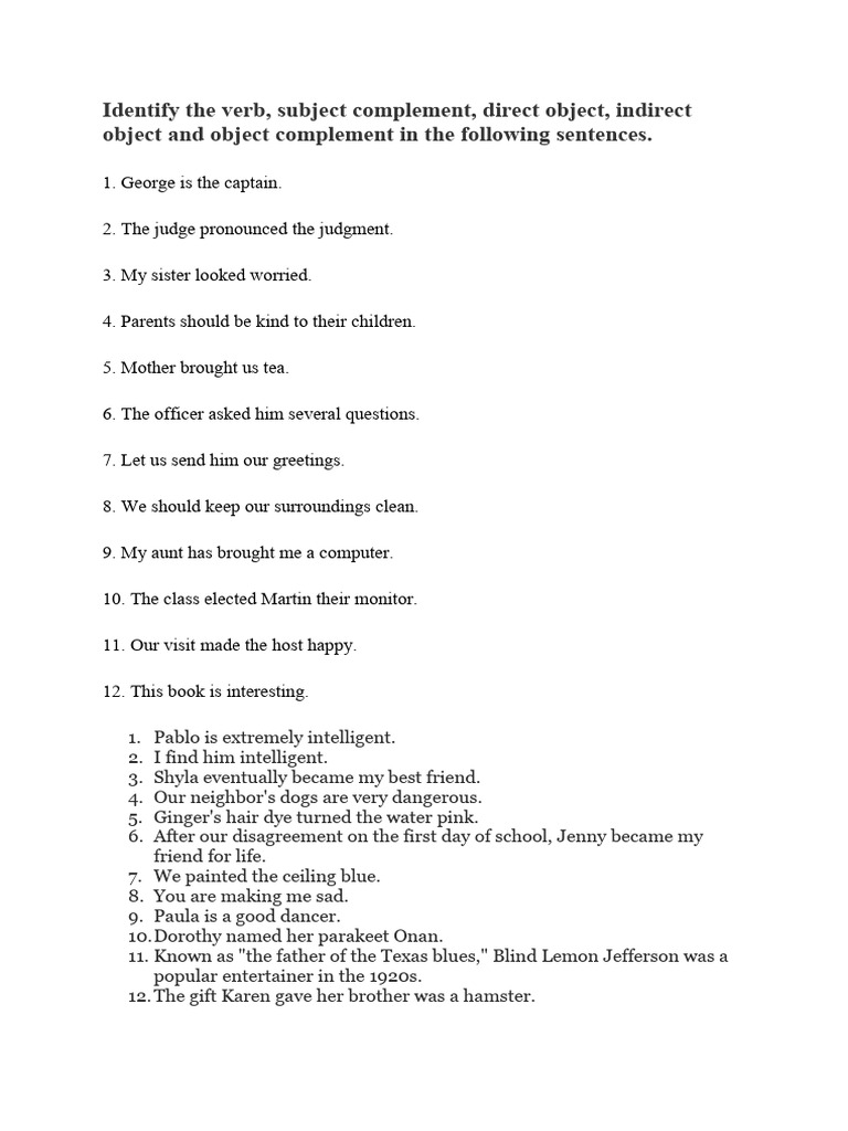 Identify The Verb, Subject Complement, Direct Object, Indirect Object ...