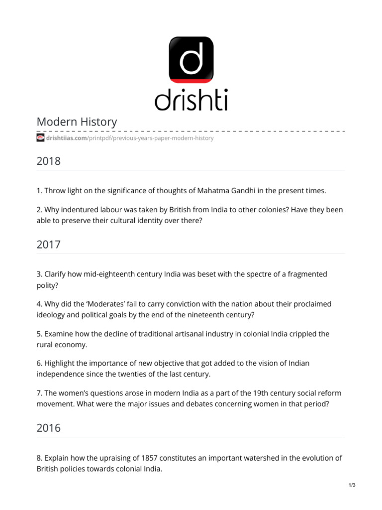 Previous Years Paper Modern History | PDF | Mahatma Gandhi | British Raj