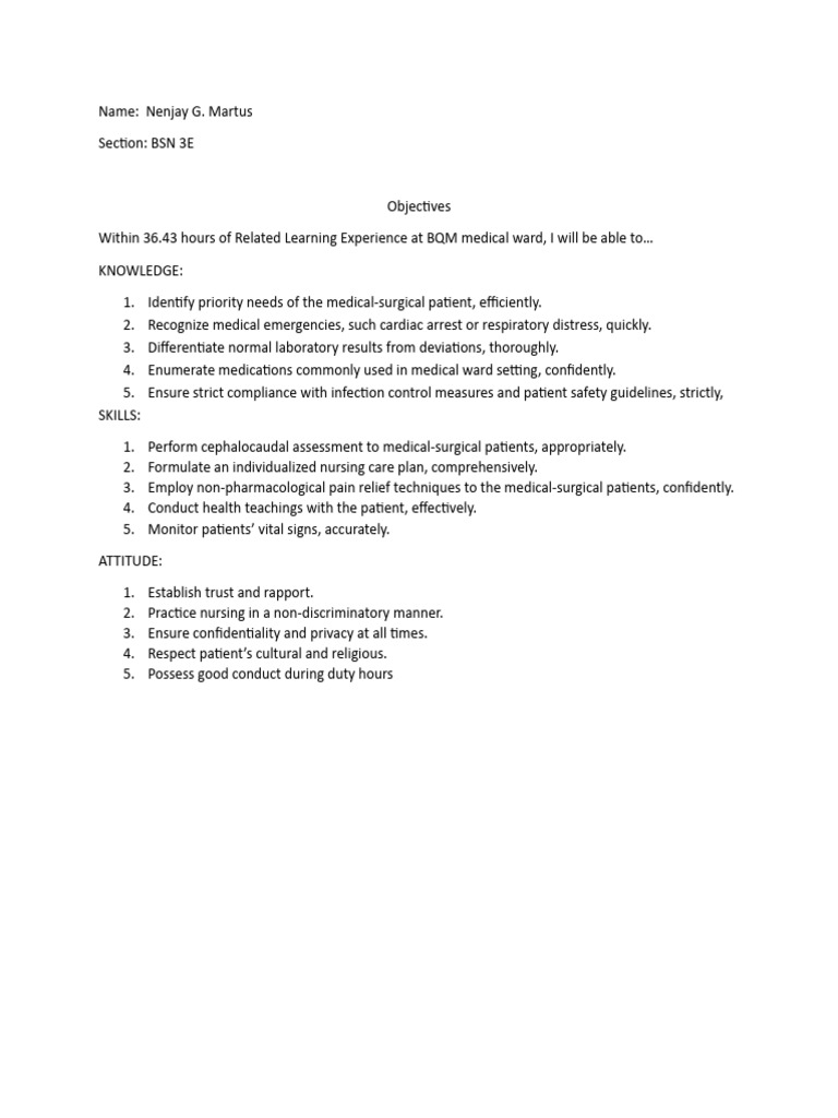 OBJECTIVES For Medical-Surgical Ward | PDF