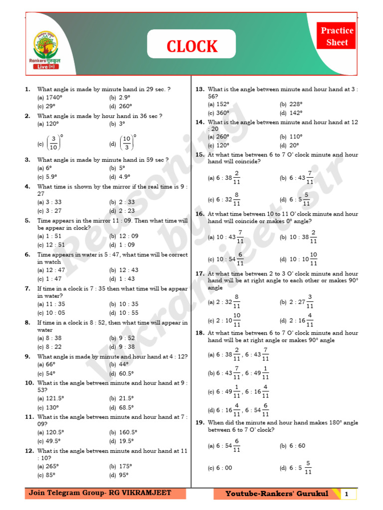 Clock (Practice Sheet) Updated - PDF | PDF | Spacetime