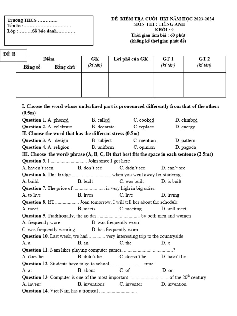 De Thi HK 1 Tieng Anh 9 de 1 | Download Free PDF | Sentence (Linguistics) | Linguistic Morphology