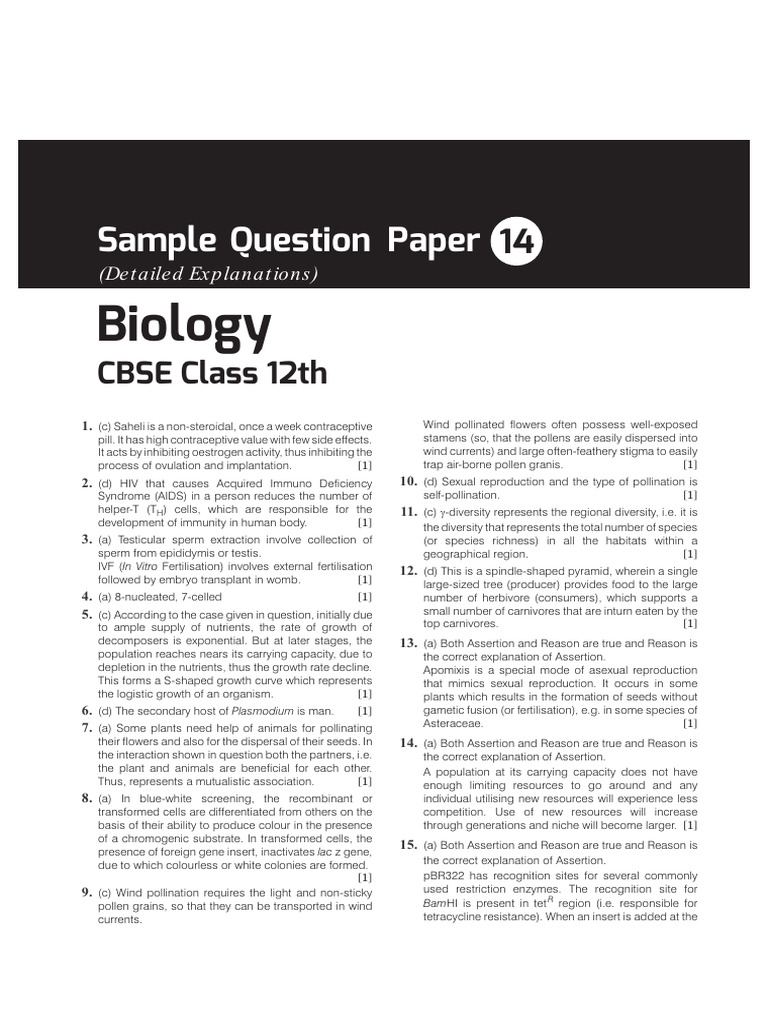 CBSE BIO 12th Sample Paper - 14 - Sol | PDF | Polymerase Chain Reaction | Sperm