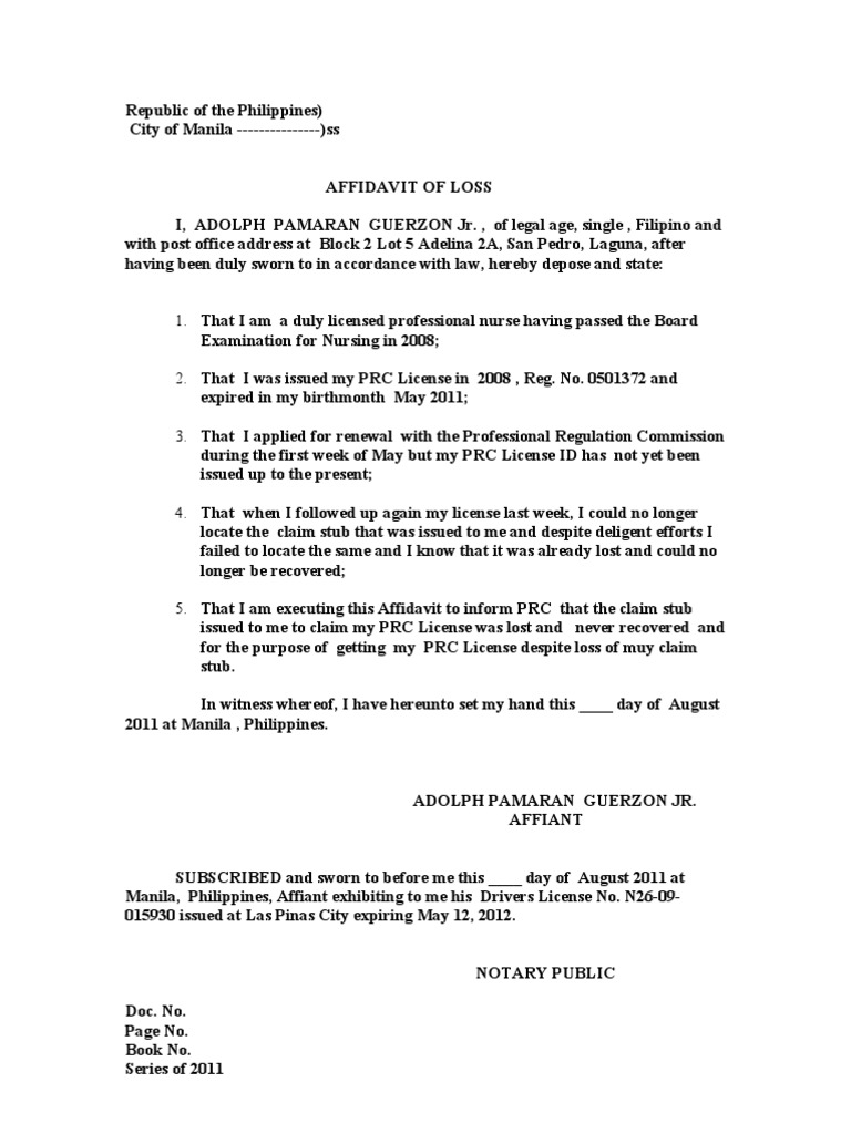 Affidavit of Loss for PRC License ID | PDF